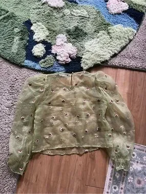 Zara | Tops | Zara Sheer Green Floralembroidered Puffsleeve Top | Poshmark